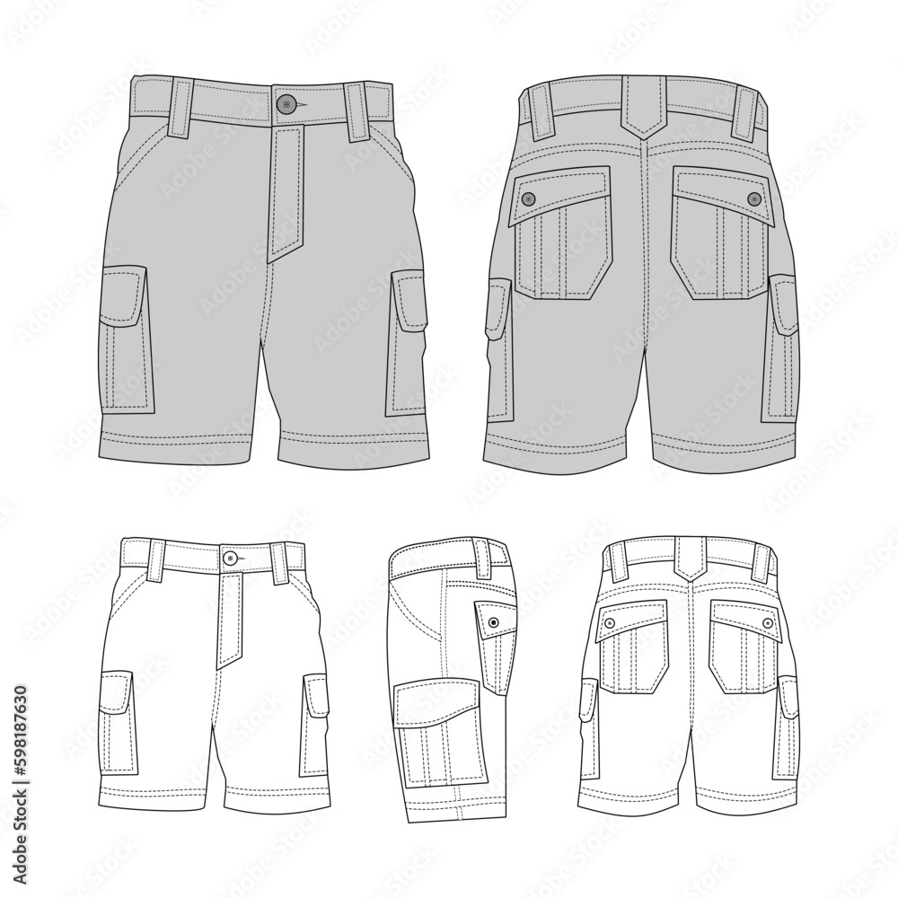 Gray technical sketch of Cargo Shorts vector template, front, back and ...