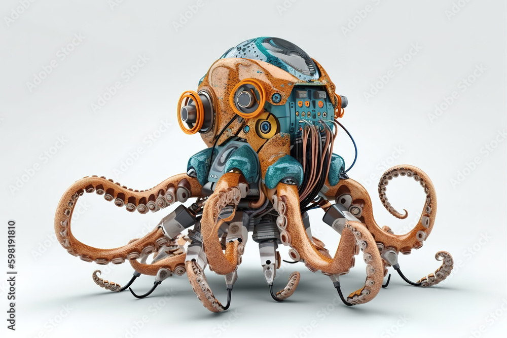 Image of an octopus modified into a robot on a white background. Sea ...
