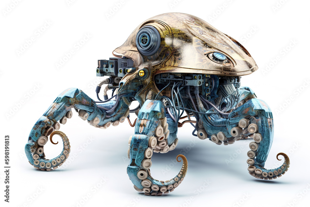 Image of an octopus modified into a robot on a white background. Sea ...