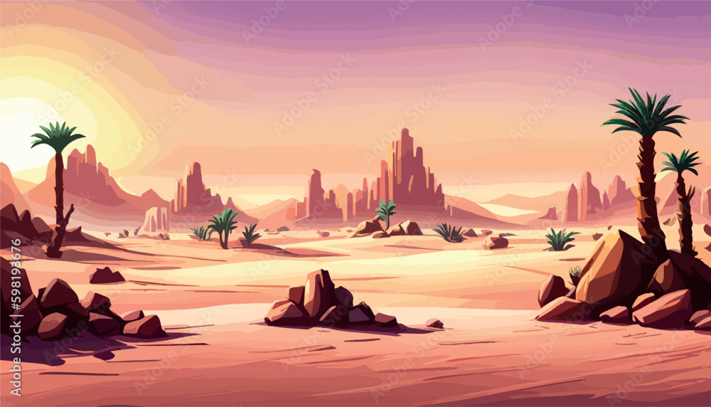 Desert background Summer with sun, sand, clouds, palms Trees Vector ...