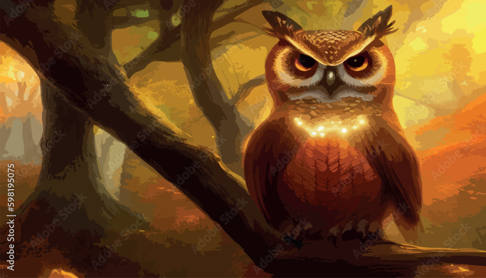 Owl. Realistic bird on dark moon forest background. Dark night ...