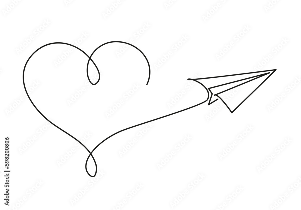 Heart Paper Plane Continuous Line Drawing Vector. Paper Plane One Line ...