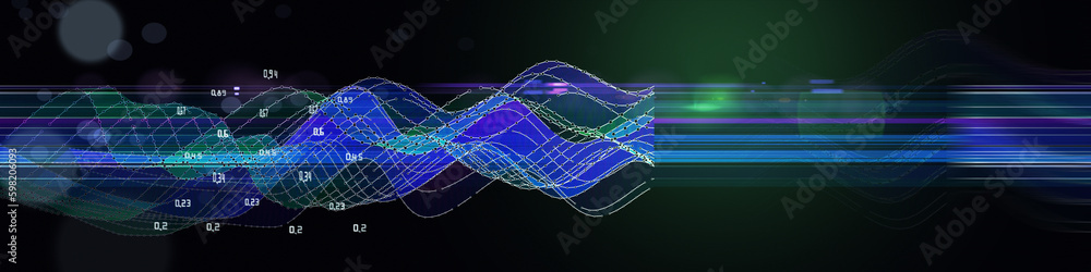 Abstract background graph curved grid and spot on dark. Technology graph with data in virtual ...
