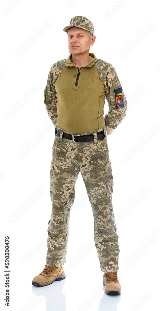 Full length portrait of old Ukrainian defender with his arms crossed ...