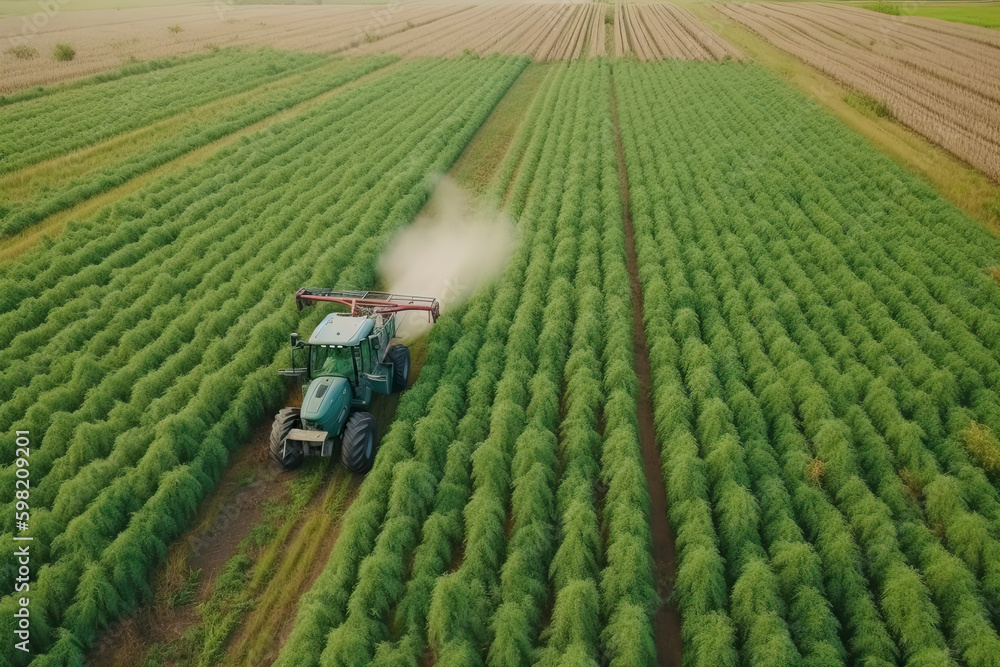 Drone shot of hemp farming with combine harvester. Industrial cannabis ...
