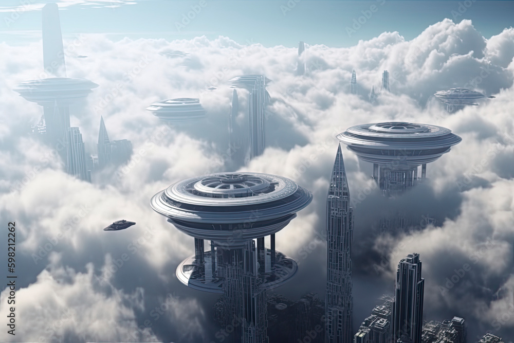 Futuristic sci fi city in clouds. Utopia. concept of the future. Flying ...