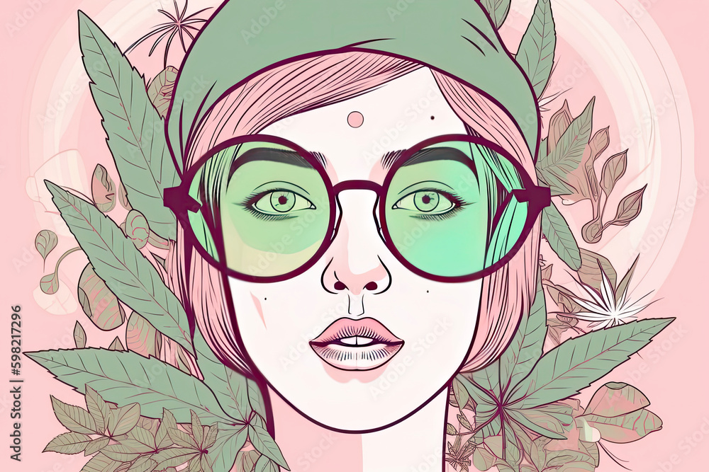 Pale girl with marijuana leaves and alien antennae. Stoner and ...
