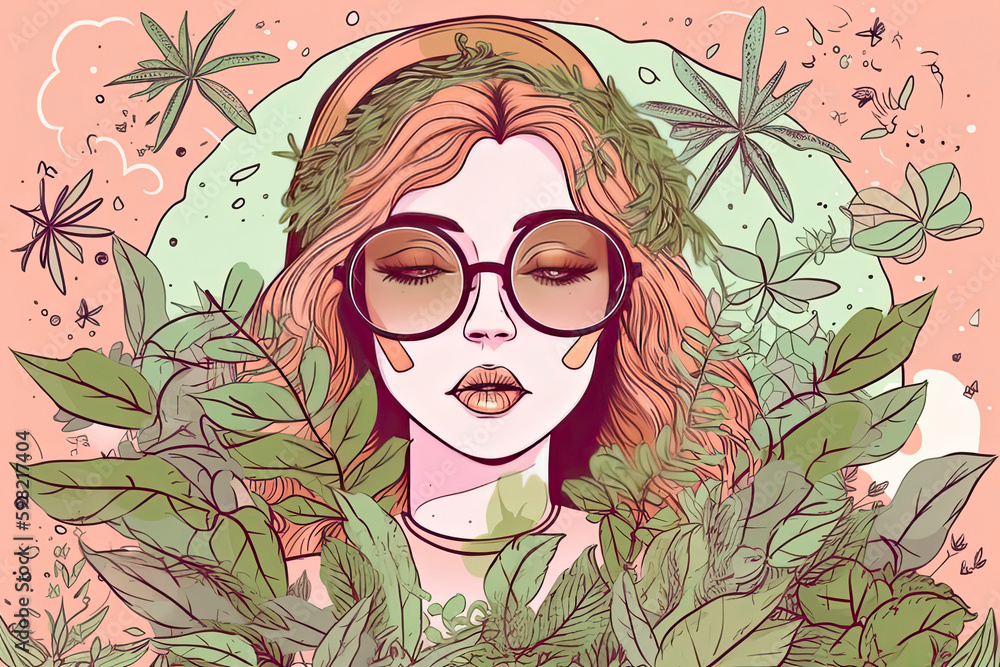 Pale girl with marijuana leaves and alien antennae. Stoner and ...