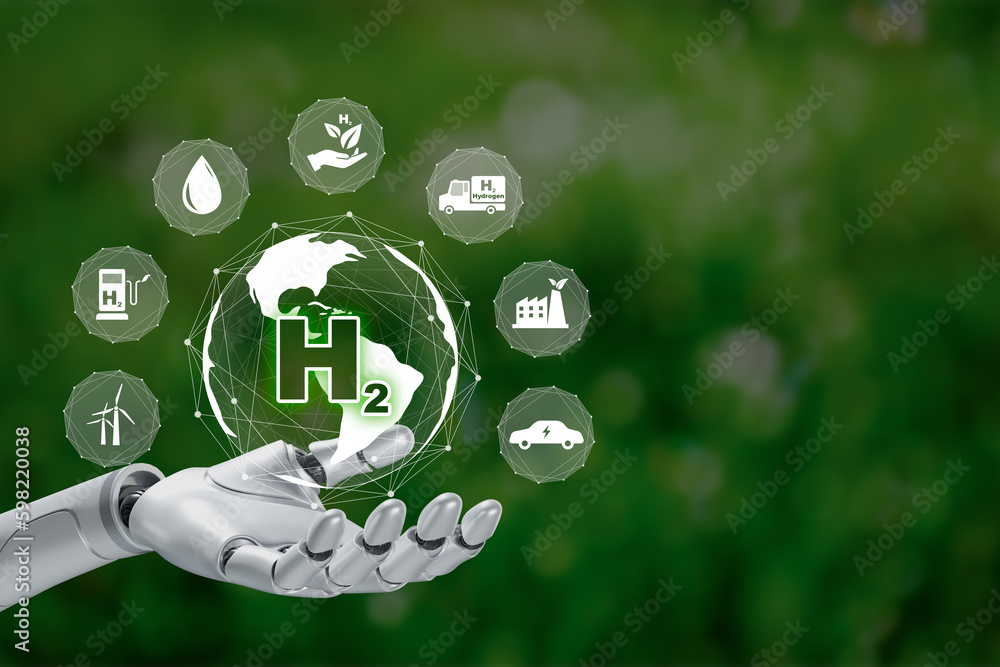 Obraz H2 hydrogen innovation zero emissions technology in robot hand ... Obraz H2 hydrogen innovation zero emissions technology in robot hand ...