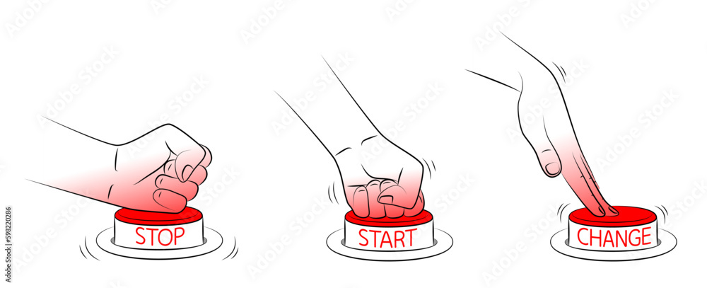 Press button with inscriptions STOP, START, CHANGE. Decision management ...