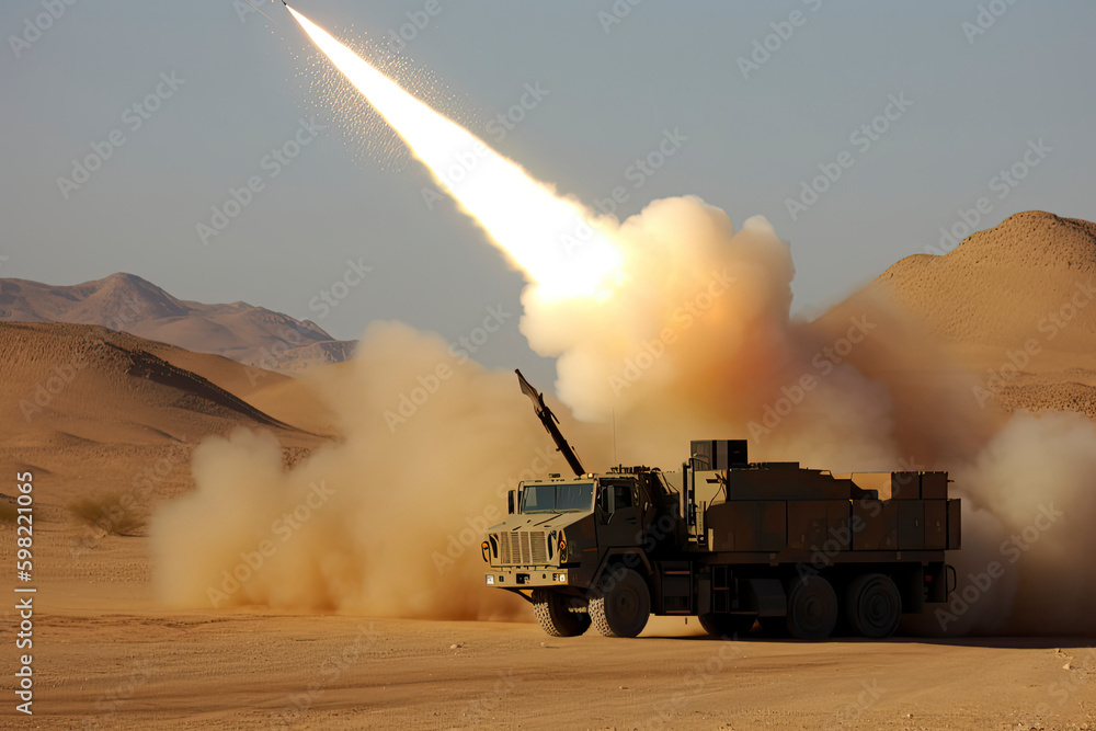 Truck based anti aircraft missile launchers fire in the desert. Stock ...