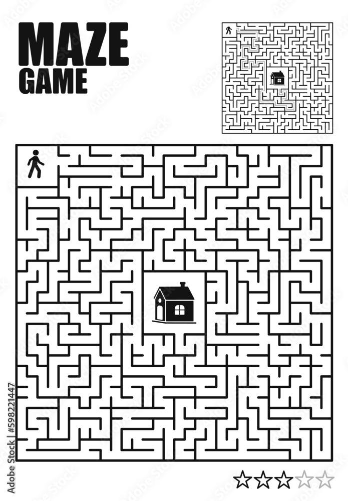 Square Maze Quest: Journey to the Center. Black and white maze vector ...