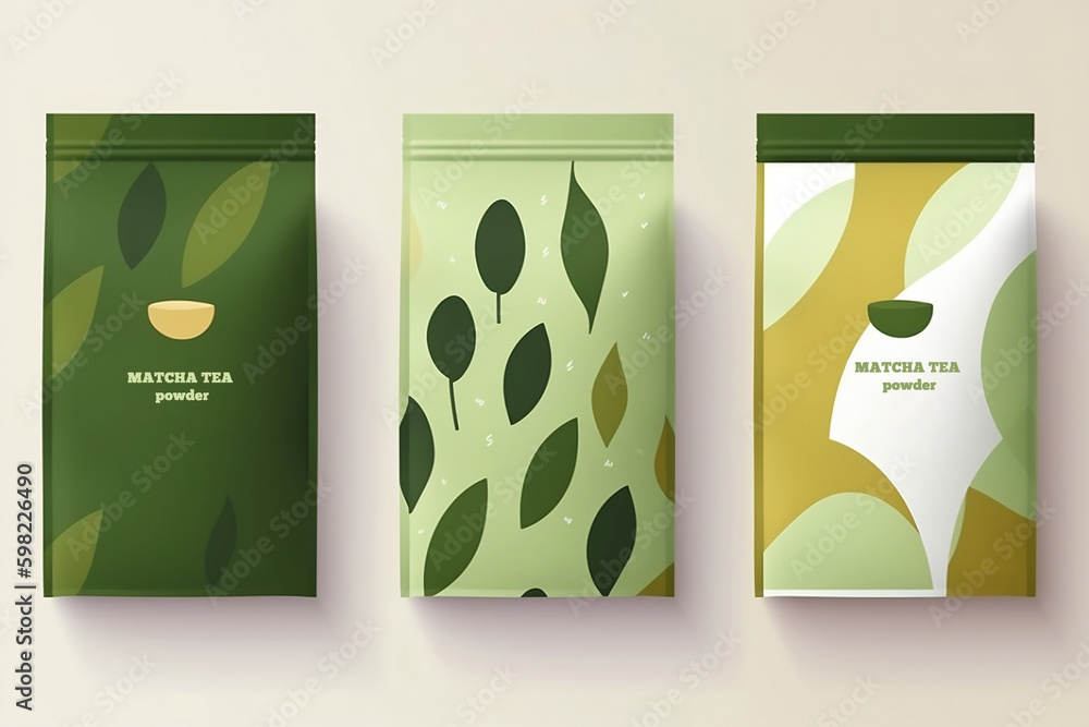 Generative AI. Green tea matcha powder packaging design concept ...