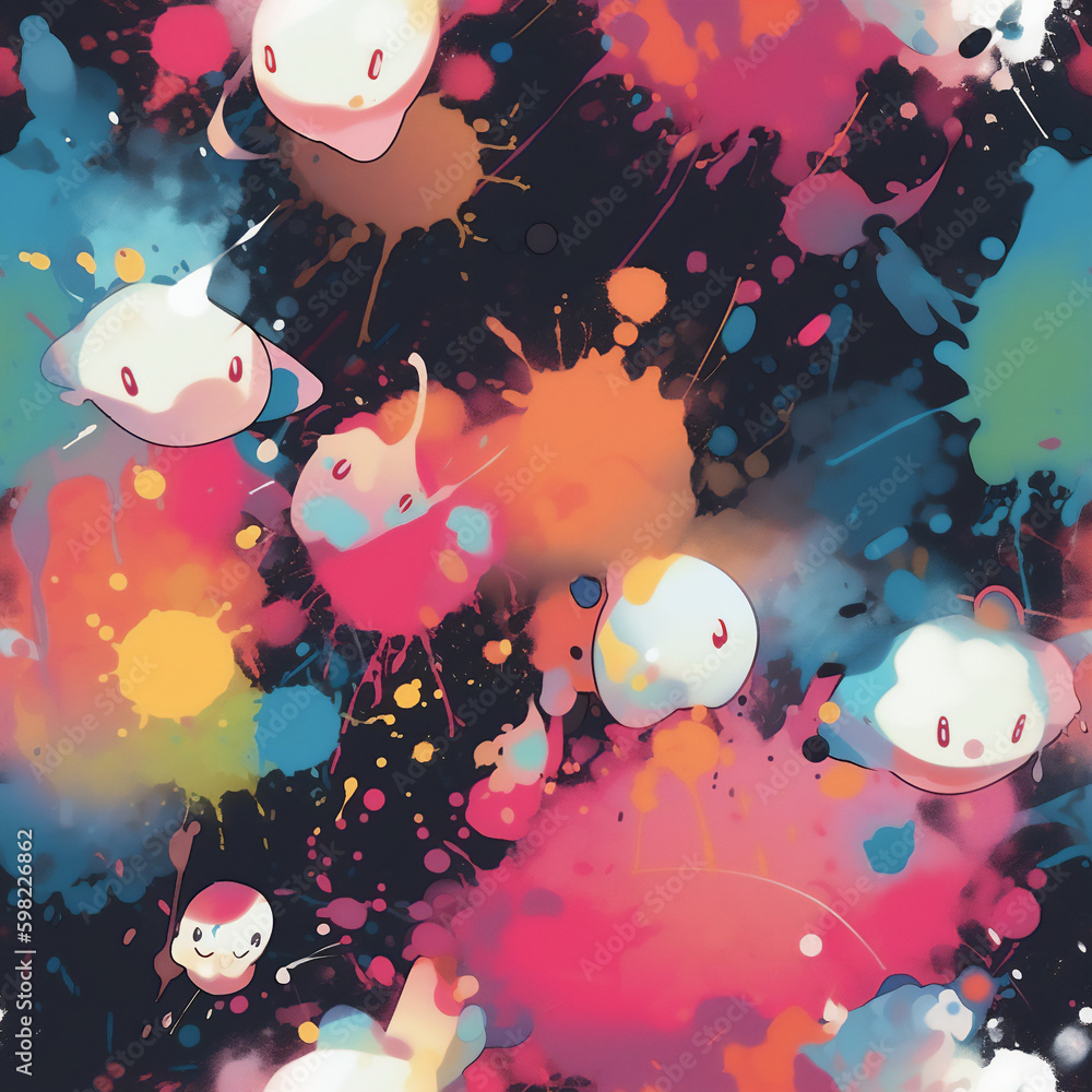 Seamless patter of anime character and water splashing across black ...