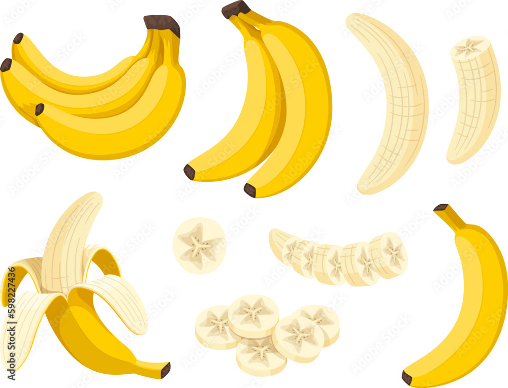 Banana collection vector illustration. Bunch of bananas, peeled and ...