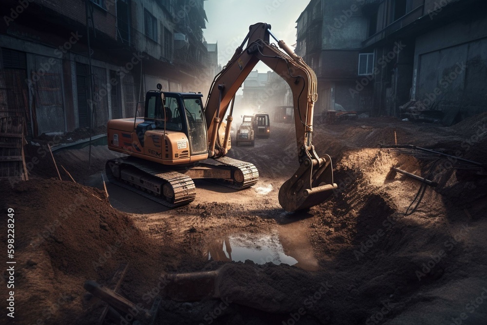 Excavator digging trenches for external sewer pipes & drainage system ...