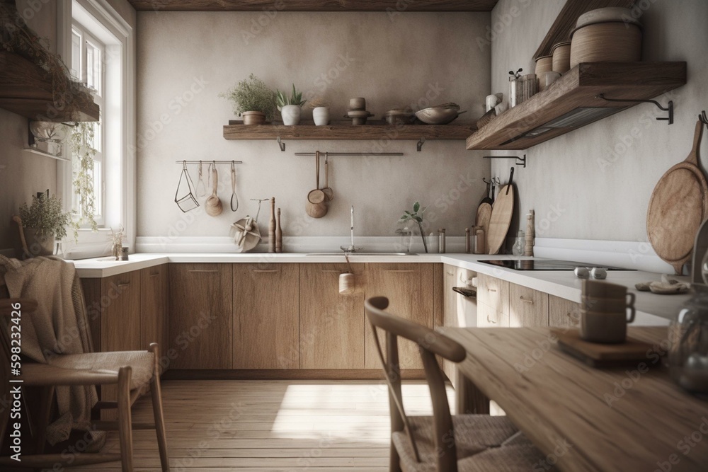 A scenic Scandinavian boho kitchen with wood cabinets, concrete ...