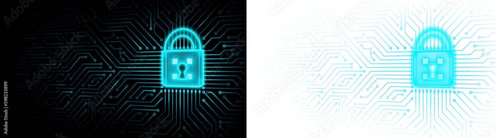 Cyber security concept: circuit board with closed padlock icon on it ...