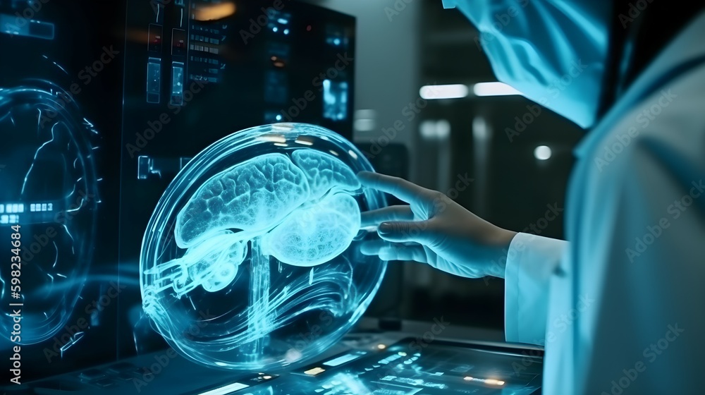 Doctor checking MRI brain scan virtual screen interface in laboratory ...