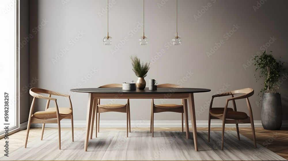 Interior design of modern dining room, dining table and wooden chairs ...