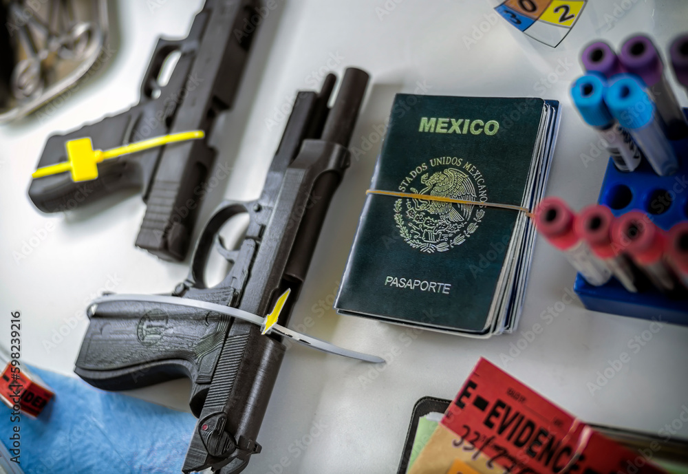 Several firearms next to Mexican passport in crime lab, conceptual ...