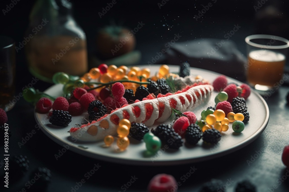 Plate with food depicting DNA helix structure and genetically modified ...