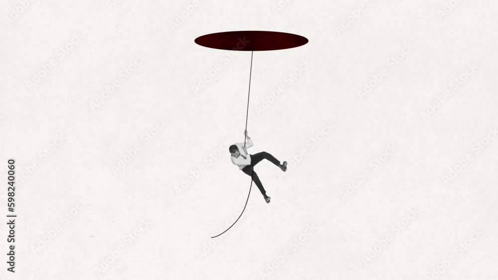 Stop motion, animation. Businessman hanging on thread, reaching ...