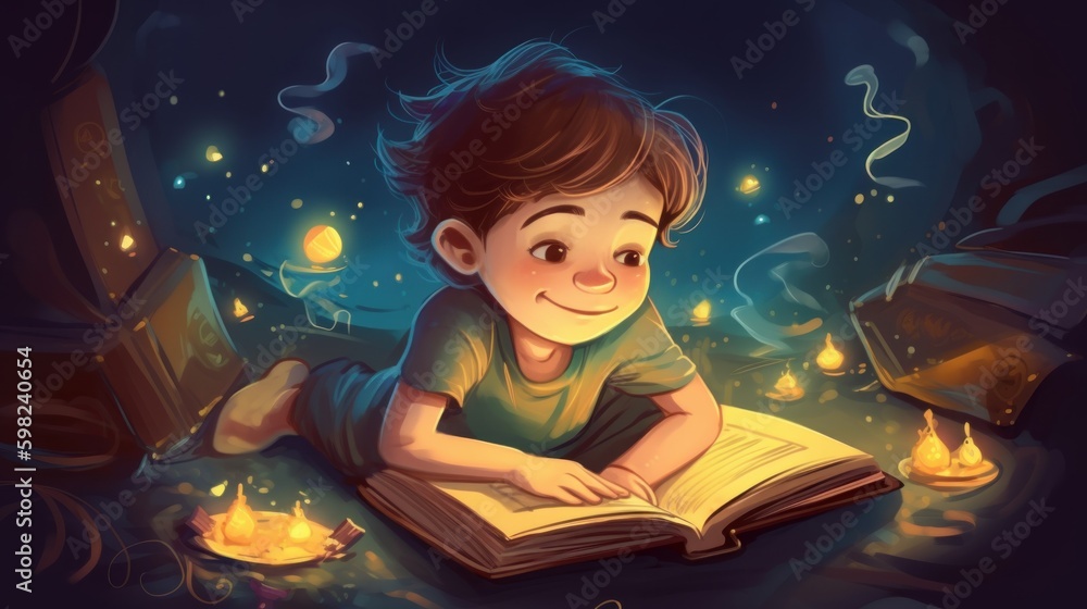 cartoon of boy reading a book, generative ai Stock Illustration | Adobe ...