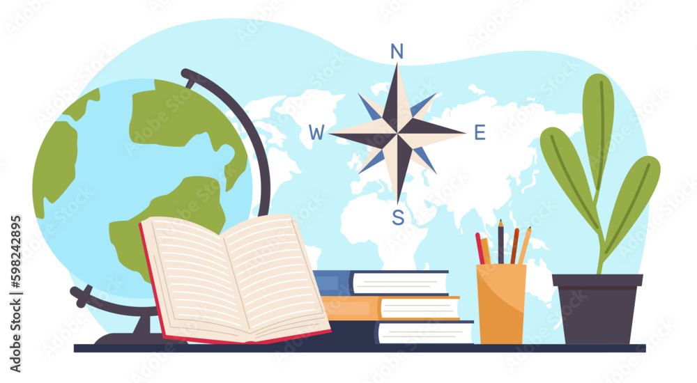 Geography school kit, globe and books, map and writing materials ...