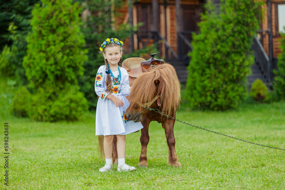 young girl in Ukrainian national dress strokes a pony that grazes on ...