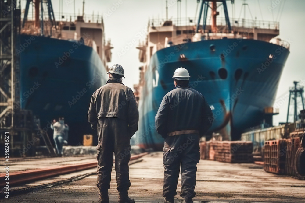 Shipyard workers with ships under construction in background. Created ...