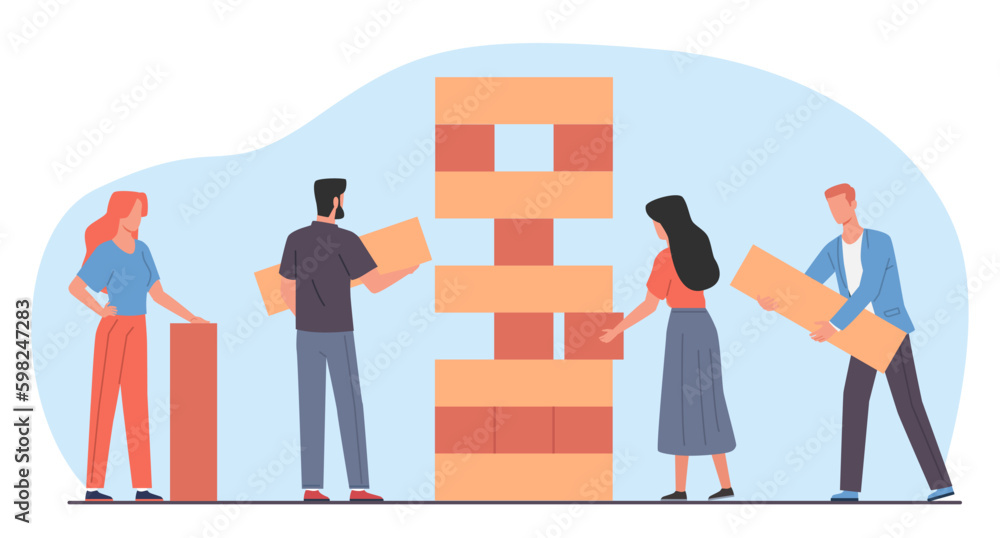 Men and women play wooden game of Jenga. Friends building huge wooden ...