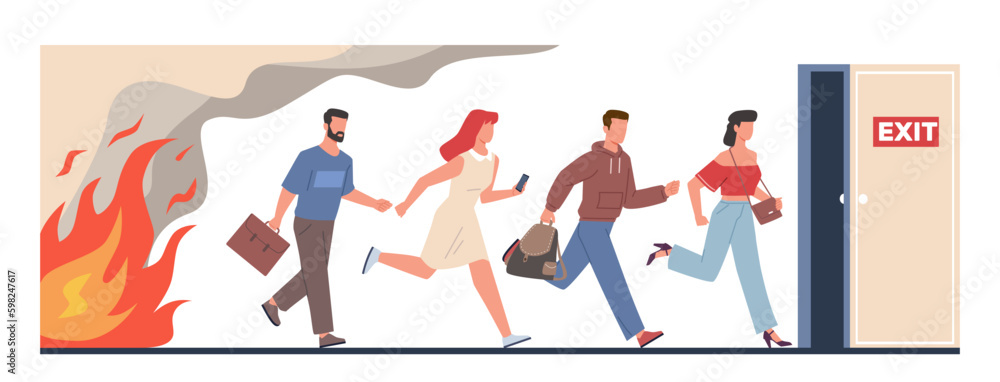 Office workers flee building to emergency exit in case of fire. Men and ...