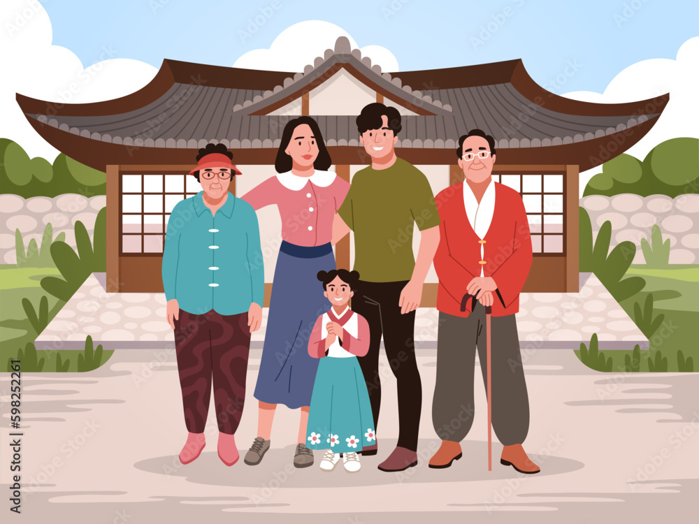 Tradition family. Happy chinese people, relatives standing, parents ...