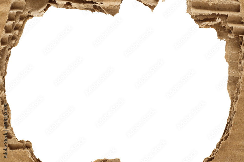White background with a torn cardboard frame. Torn cardboard frame with ...