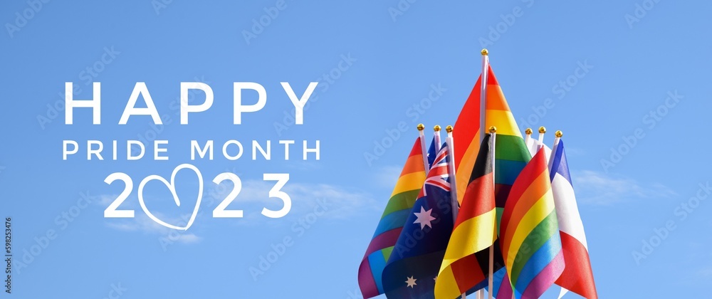 'Pride Month 2023' on cloudy bluesky and rainbow flags background ...