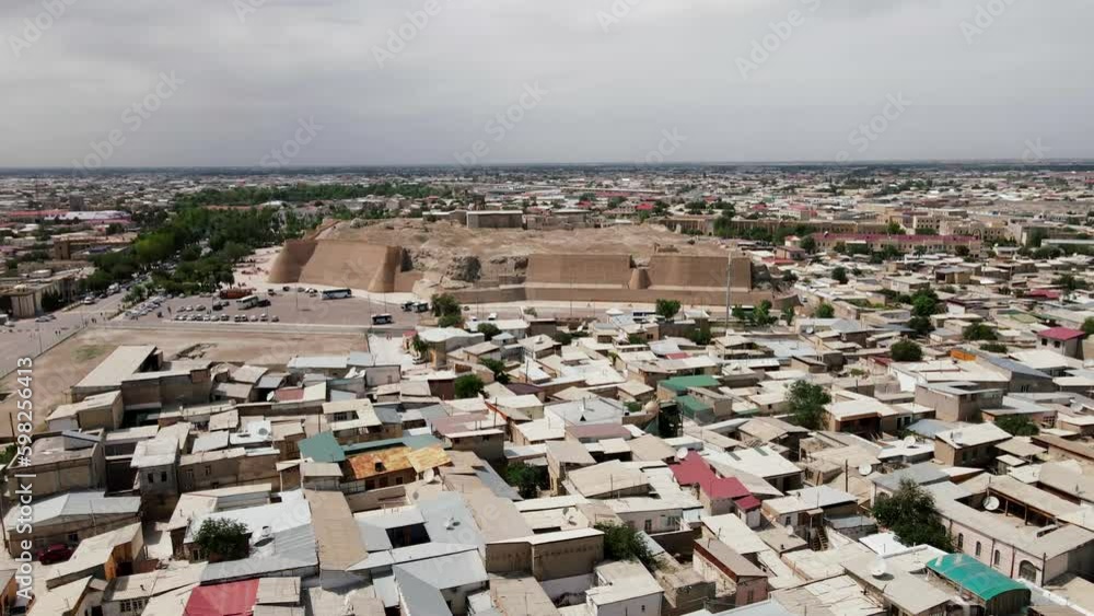 Bukhara, Uzbekistan aerial panoramic view of The Ark of Bukhara. The ...