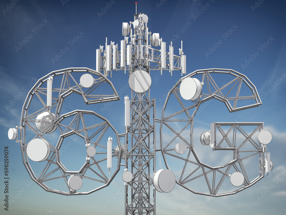 6G telecommunication tower. Antenna radio transmittors of cellular 6G ...