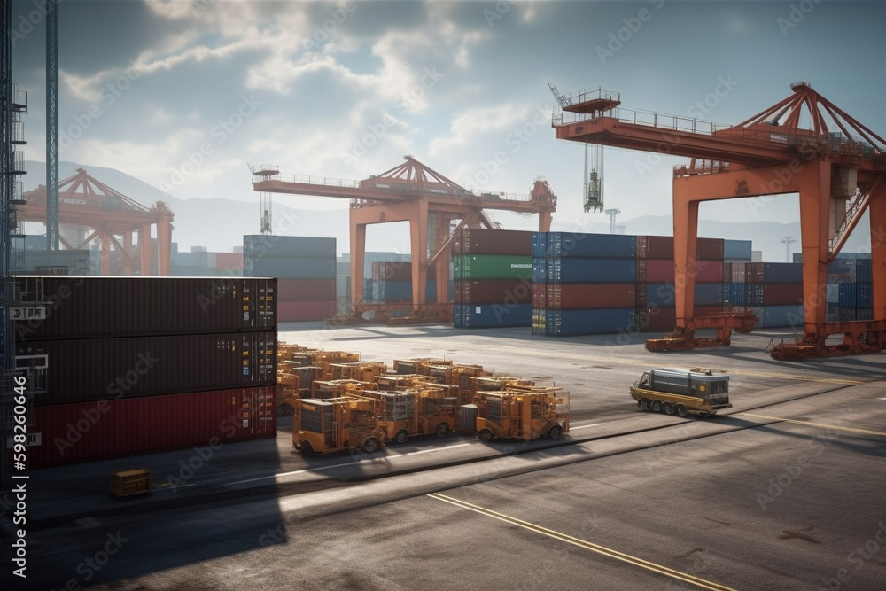 Aerial view of stacked shipping containers at a busy port with cranes ...