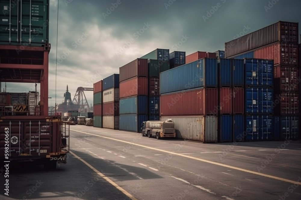 Aerial view of stacked shipping containers at a busy port with cranes ...