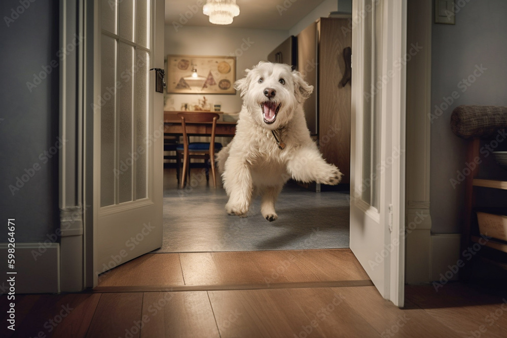 Excited and happy dog at home door entrance greeting the arrival of her ...