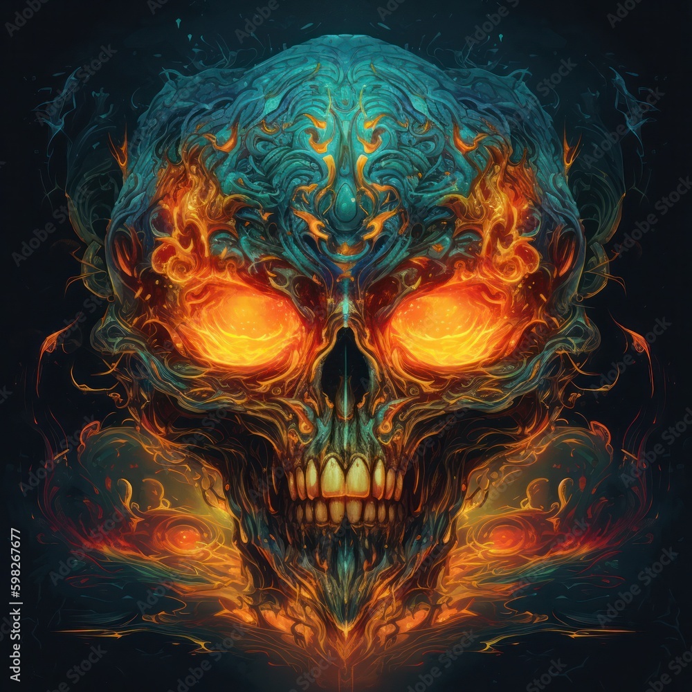 Flaming demon Head in Azure and Amber: Dan Mumford-Inspired Art ...