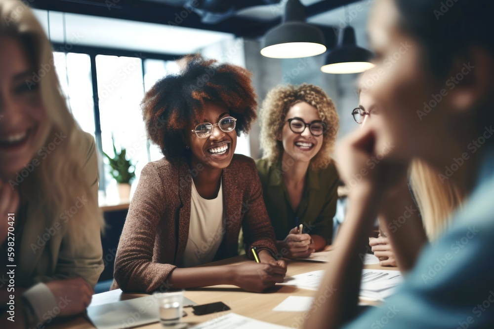 Group of young office workers collaborating and brainstorming in a ...