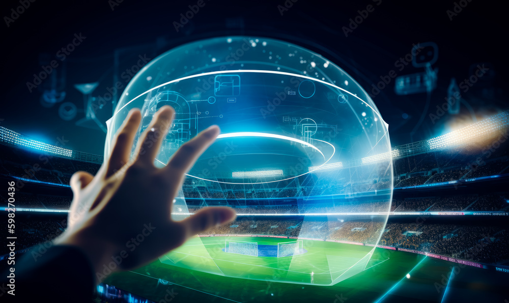 Football pitch with digital network effect. Male hand reaching the neon ...