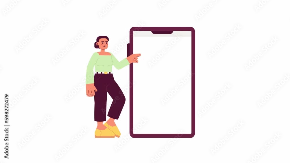Animated woman with phone mockup. Flat cartoon style template concept ...