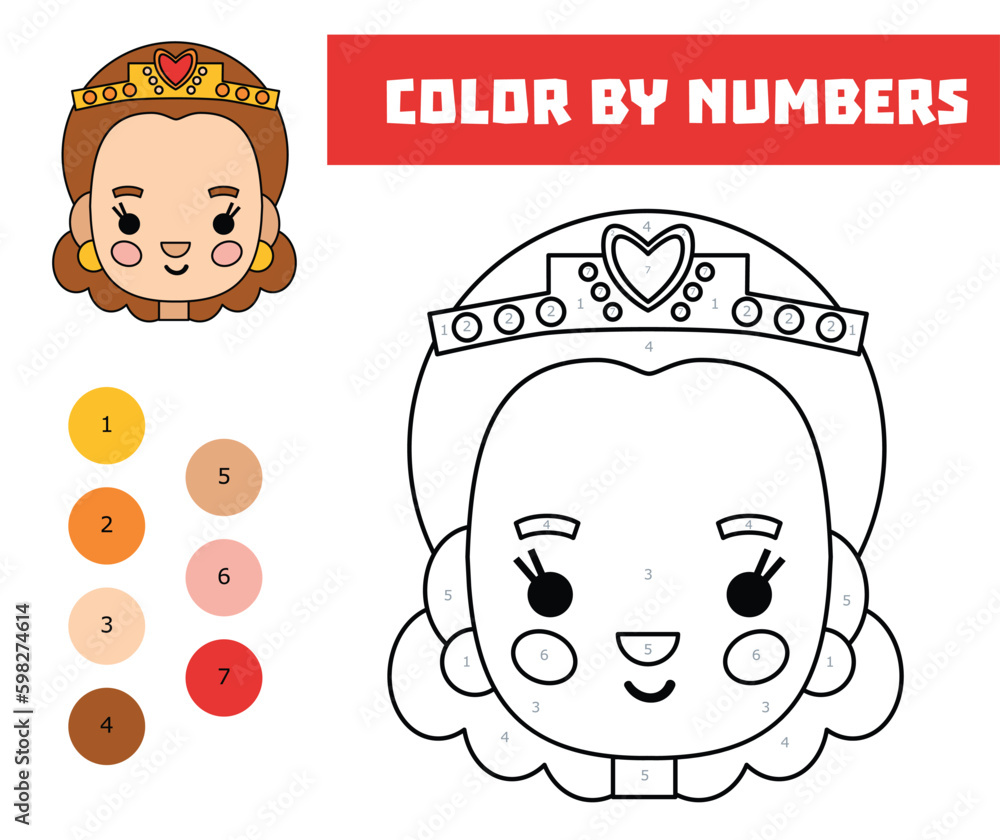 Color by number, education game for kids, Cute cartoon queen with a ...