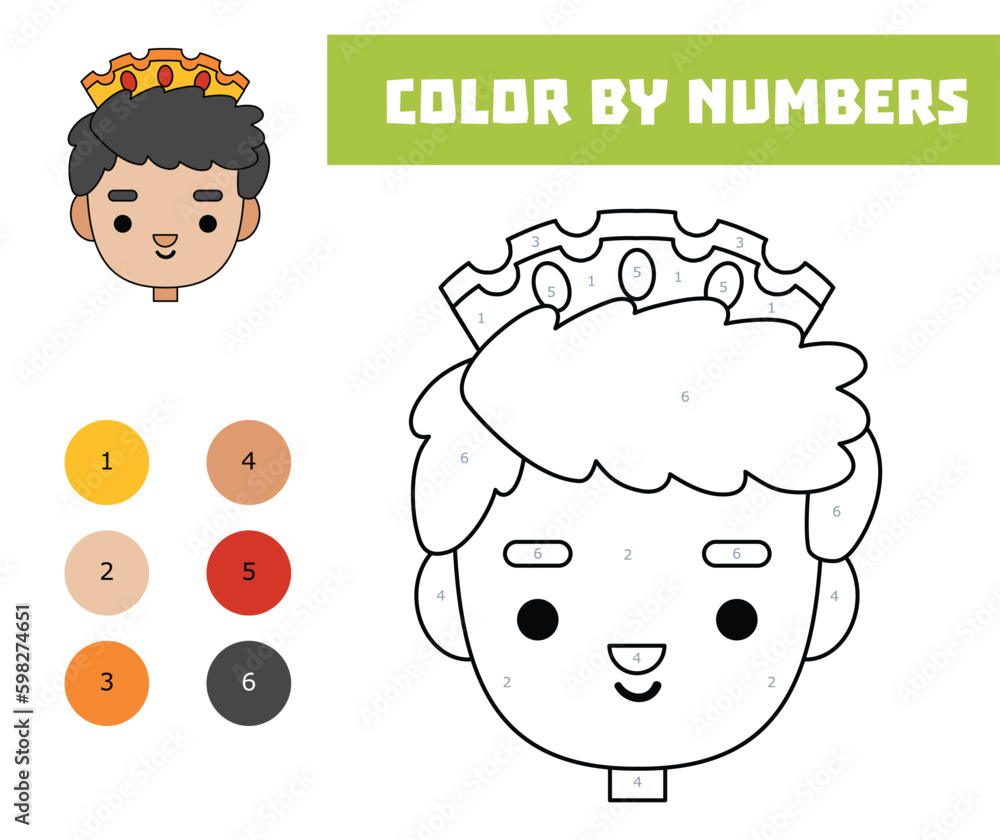 Color by number, education game for kids, Cute cartoon prince face with ...