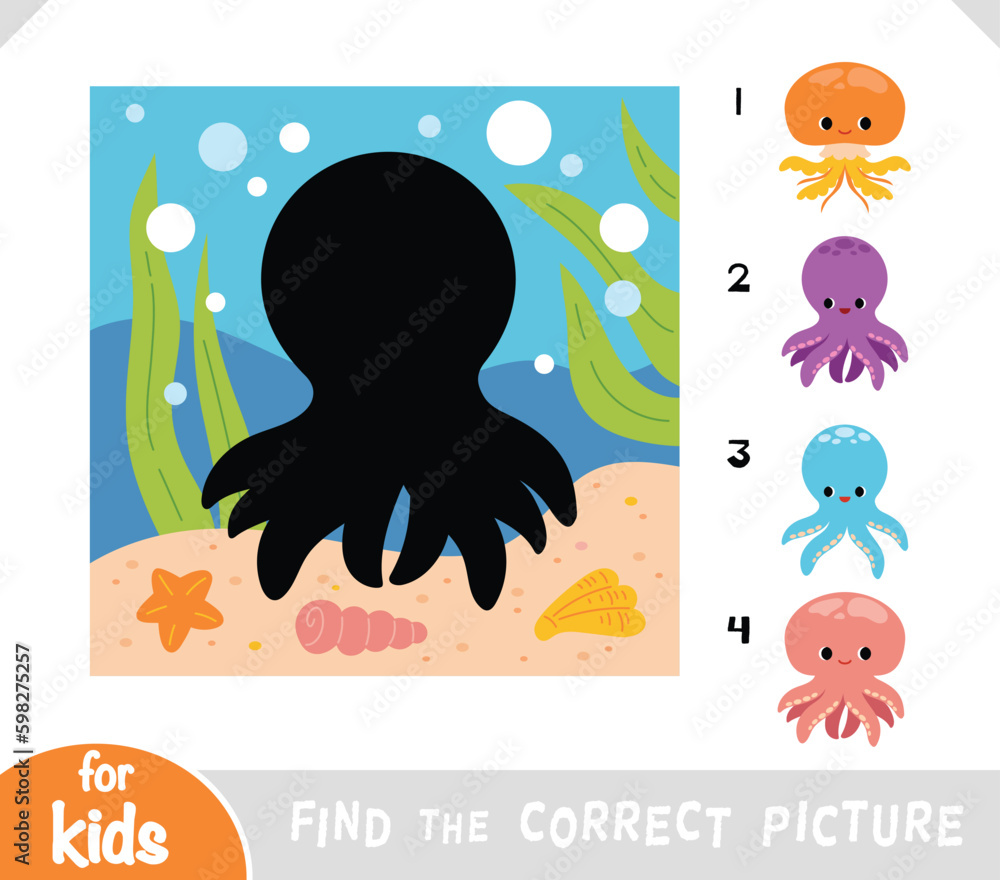 Find the correct picture, education game for kids, Cute cartoon octopus ...