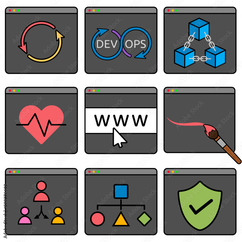 Set of various technology icons for programming, coding, websites ...