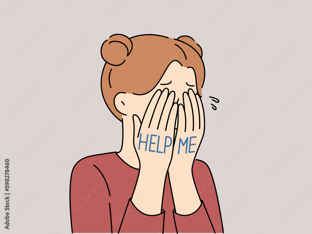 Unhappy little girl cry ask for help. Help me words on child hands ...